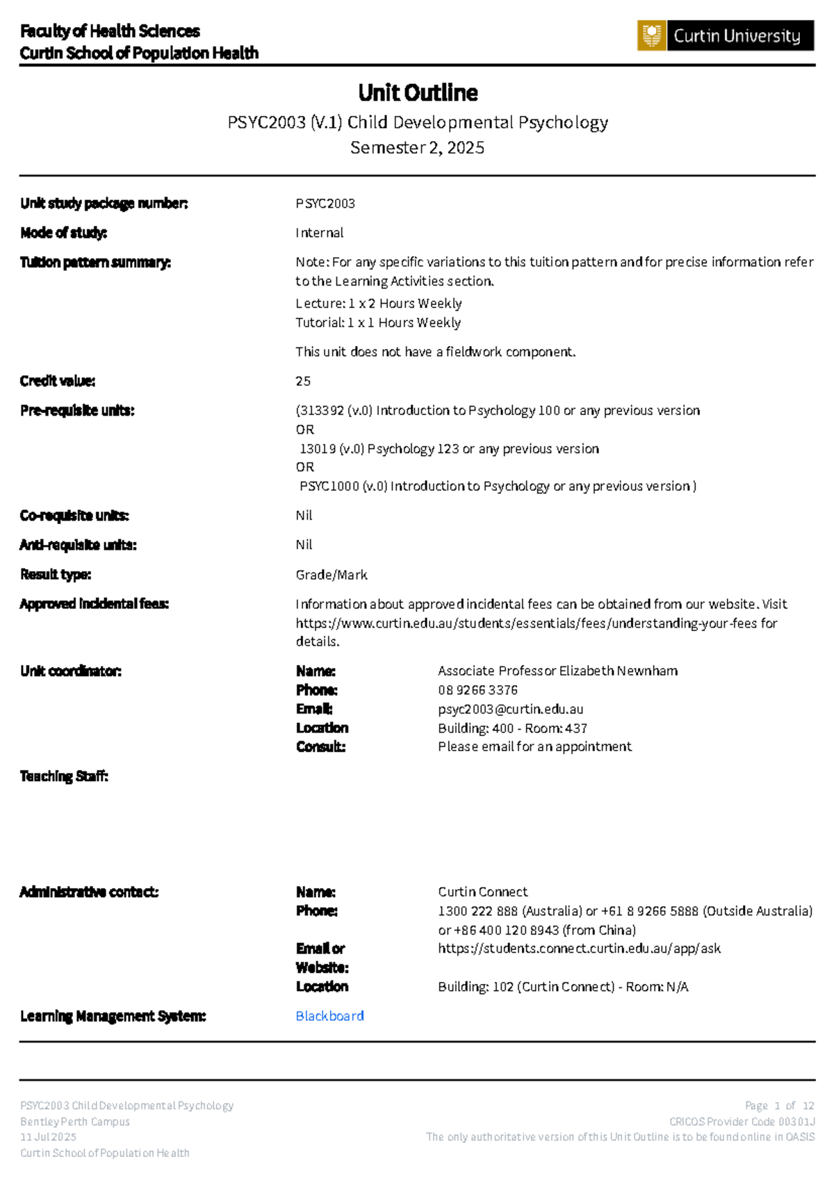 PSYC2003 Child Developmental Psychology Unit Outline - Semester 2, 2025 ...
