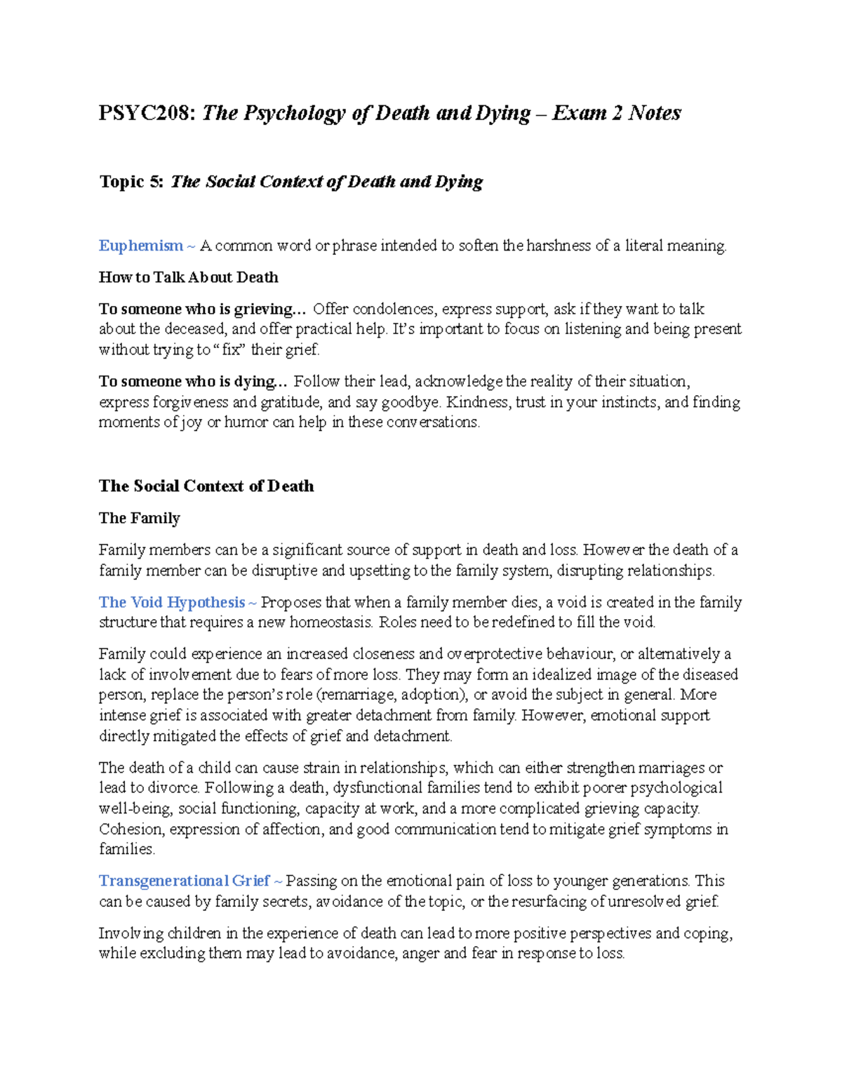 PSYC 208: Exam 2 - Lecture Notes - PSYC208: The Psychology of Death and ...