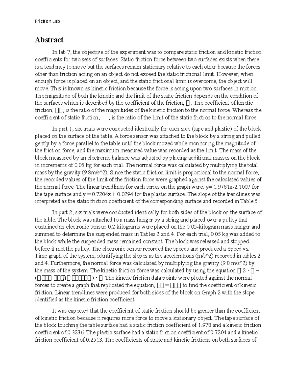 Friction Lab Report: Comparing Static & Kinetic Friction Coefficients ...