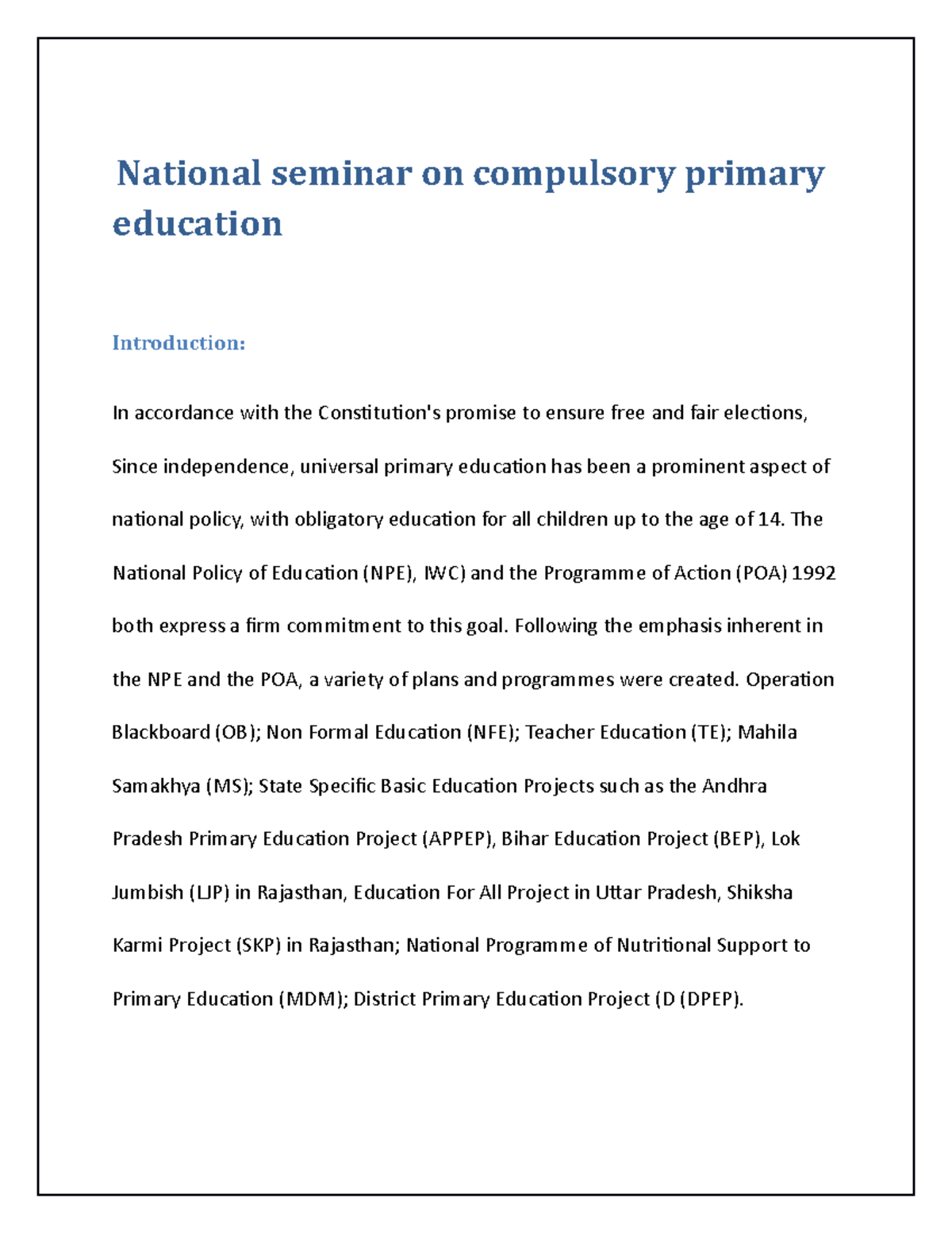 National seminar on compulsory primary education - National seminar on ...
