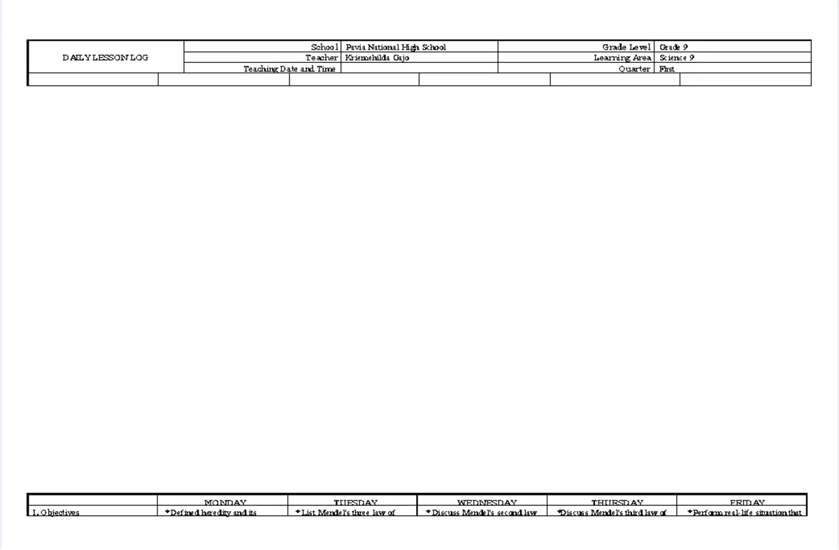 Grade 9 Science Daily Lesson Log: Week 5 on Inheritance Patterns - Studocu