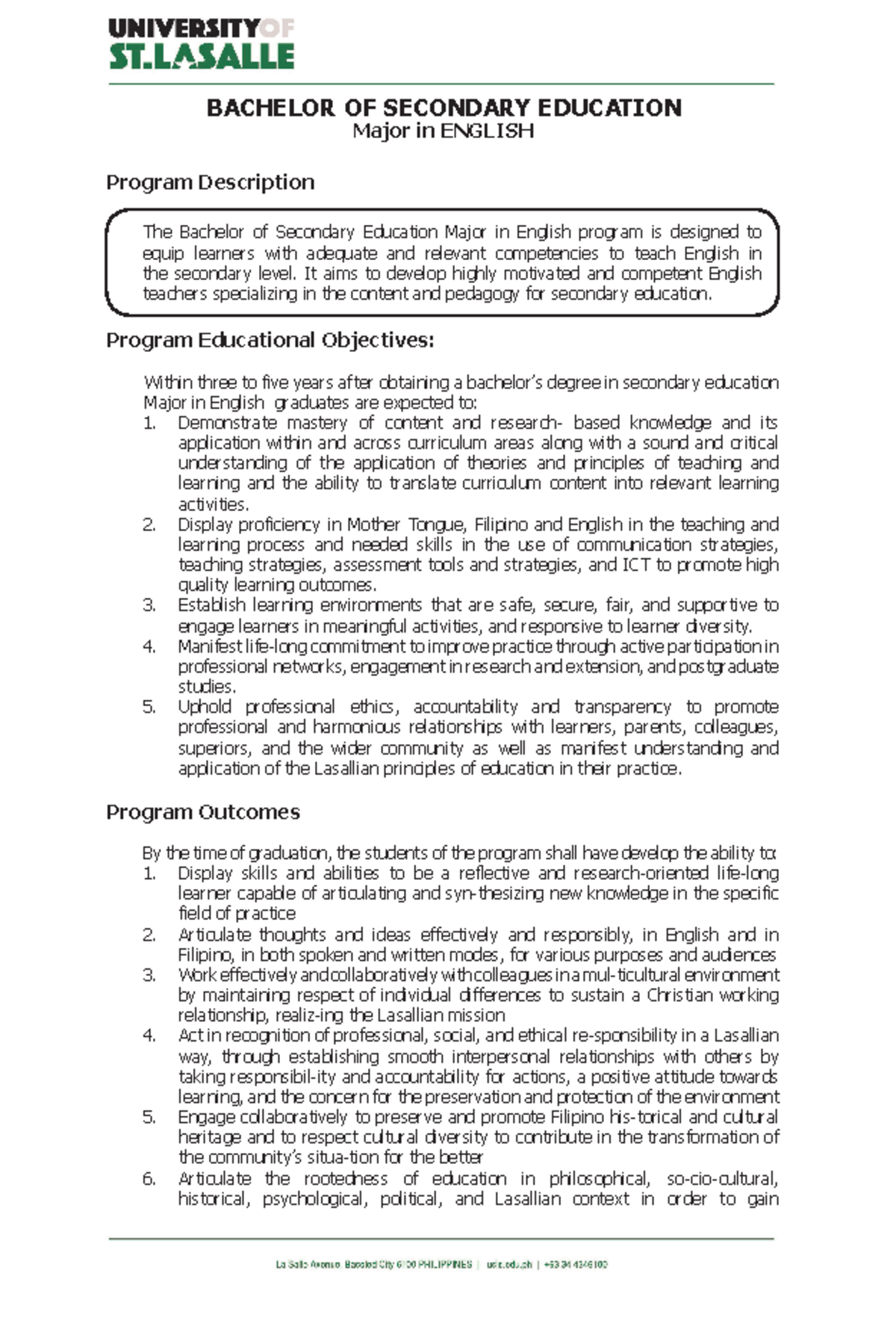 BSEd English Program Overview: Objectives and Course Structure - Studocu