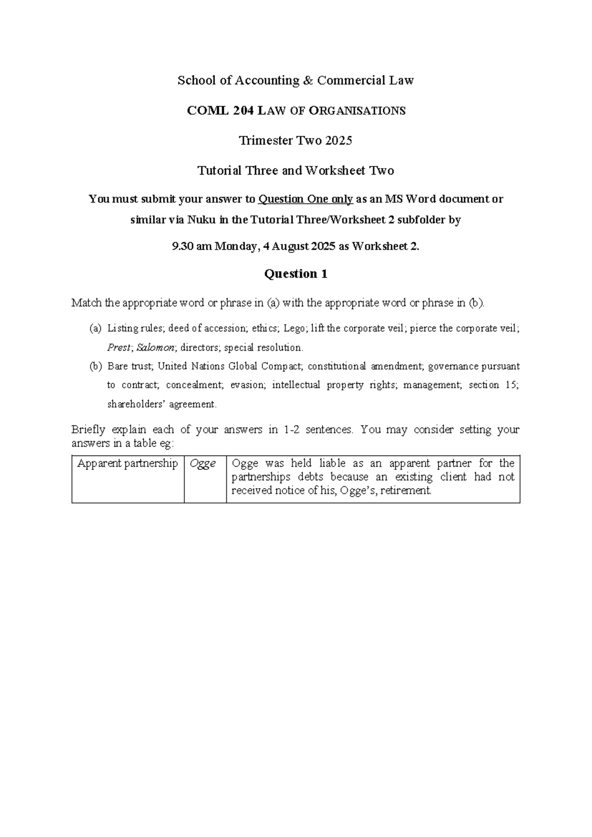 COML 204 Tutorial 3 Worksheet 2: Law of Organisations 2025 - Studocu