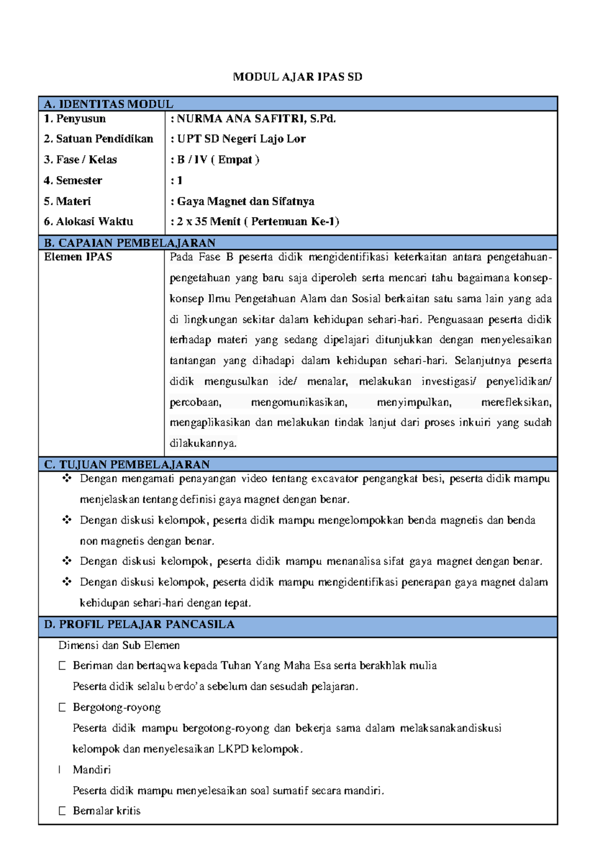 Modul Ajar Gaya Magnet Kelas IV SD - PBL PMM - Studocu