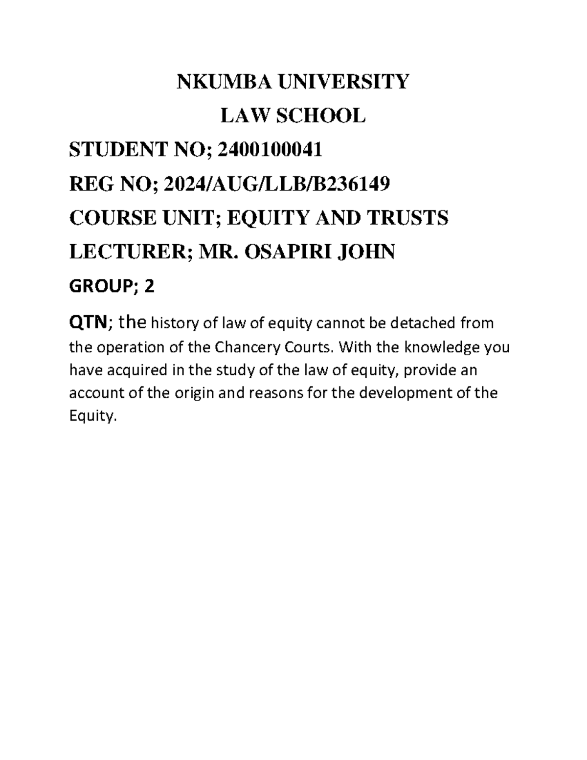 NKU LAW 101: Equity and Trusts - Historical Development and ...