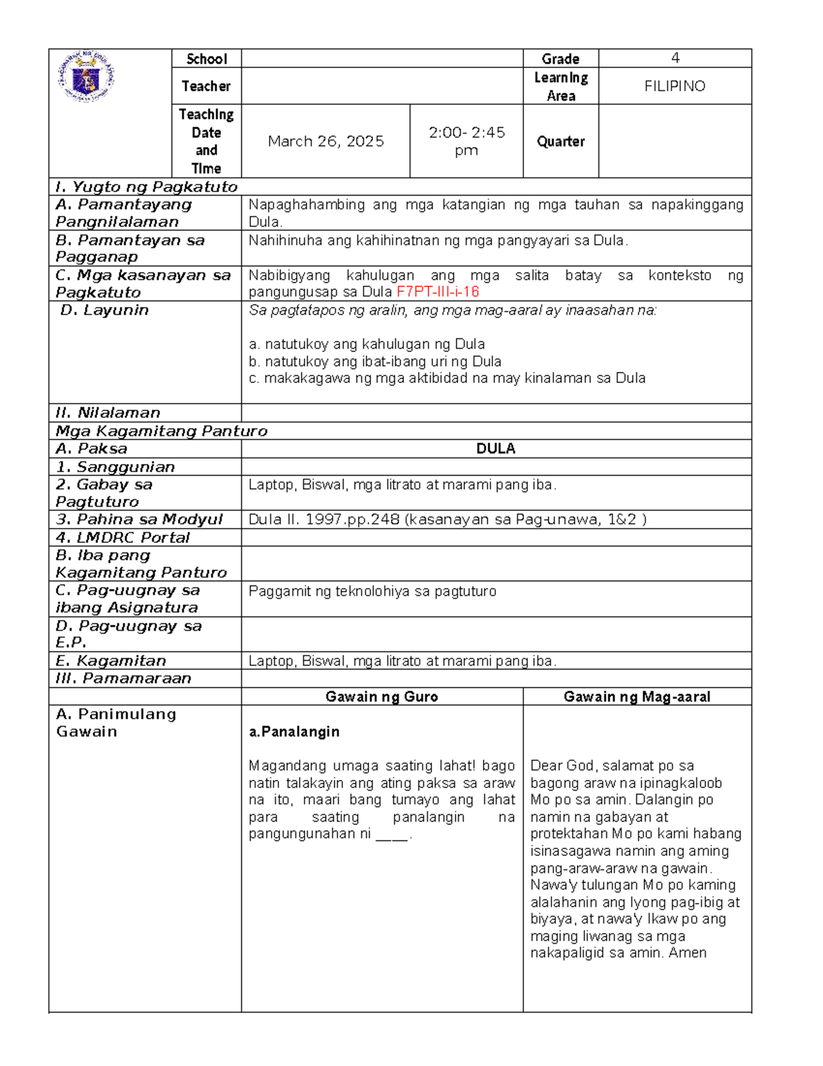 FILIPINO 4: Lesson Plan on Dula and Its Elements - Studocu