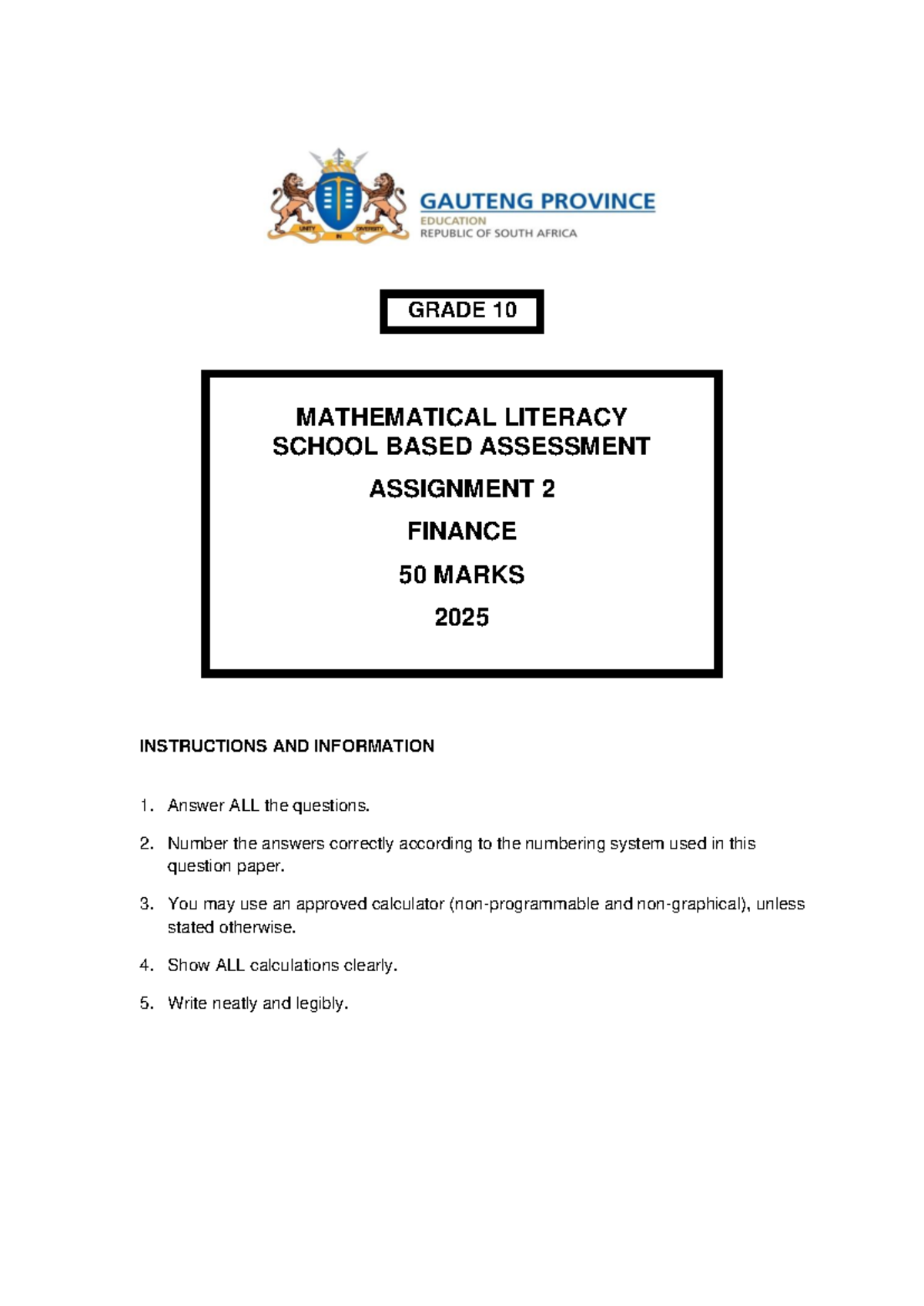 GRADE 10 MATHEMATICAL LITERACY ASSIGNMENT 2: FINANCE 2025 - Studocu