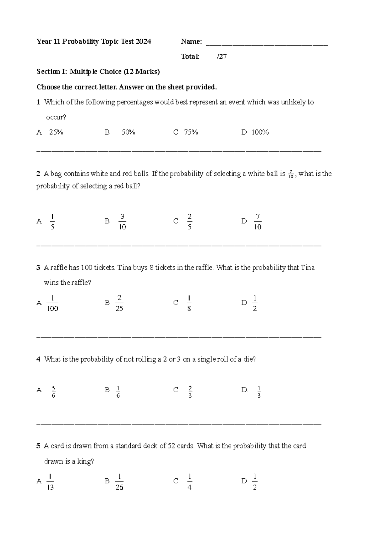 Year 11 Probability Topic Test 2024 - Final Exam Questions - Studocu