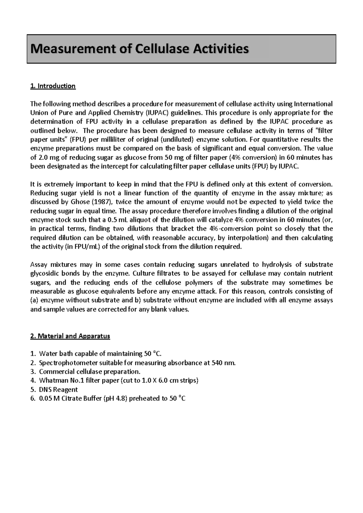 AD Biochemistry Lab Manual: Measuring Cellulase Activity Protocol - Studocu