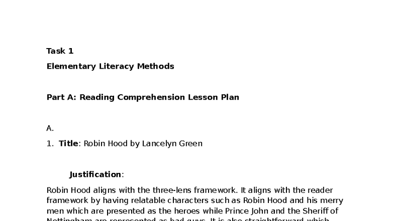 ELM Task 1: Reading Comprehension Lesson Plan on Robin Hood - Studocu