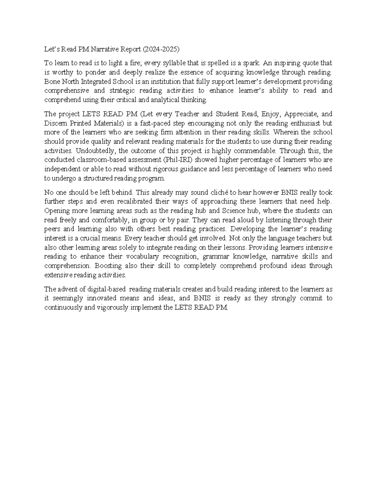 LETS Read PM narrative Report - Let’s Read PM Narrative Report (2024-2025) To learn to read is ...