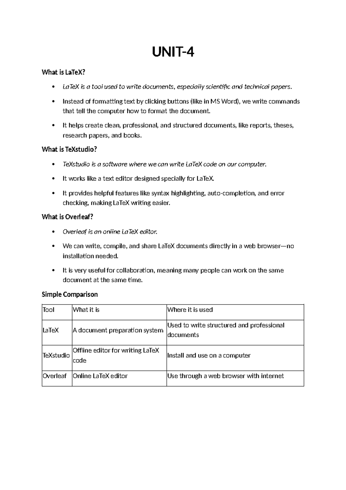 LaTeX Basics: Tools, Commands, and Document Structure (UNIT 4) - Studocu