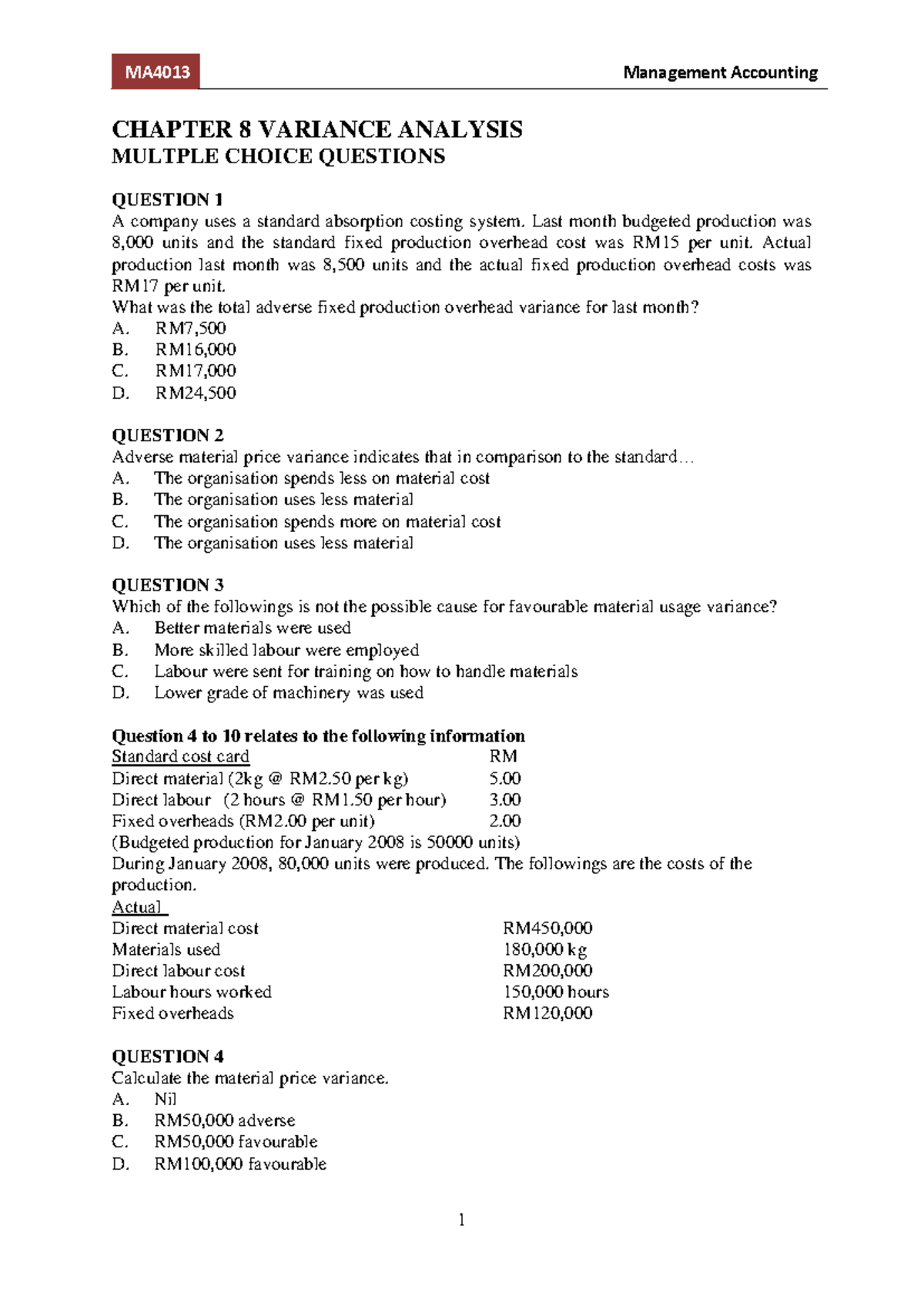 Chapter 8 Variance Exercises - CHAPTER 8 VARIANCE ANALYSIS MULTPLE ...