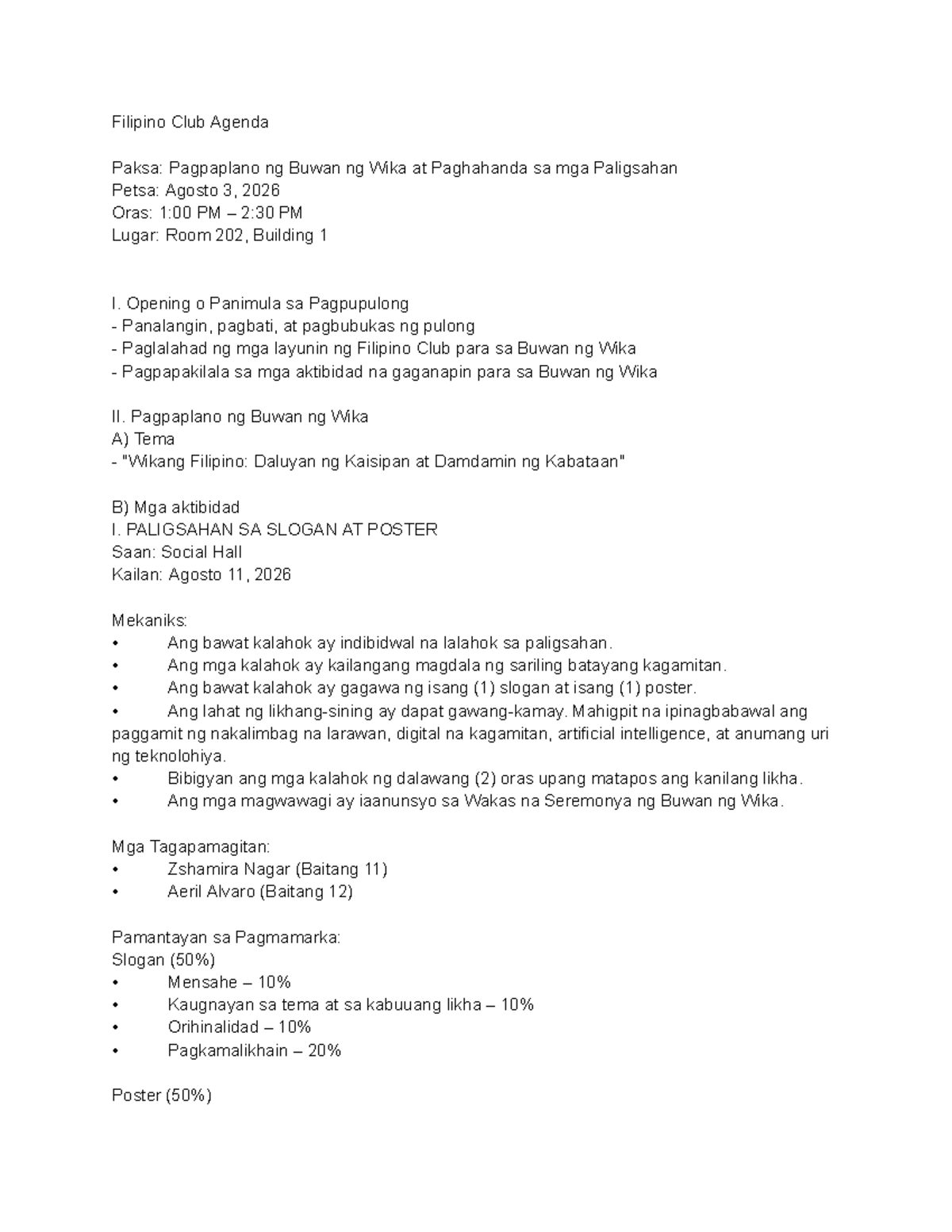 Filipino Club Agenda: Buwan ng Wika at Paligsahan 2026 - Studocu