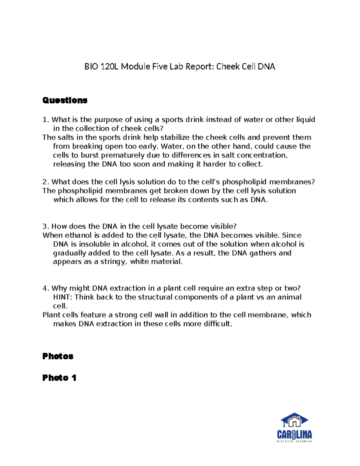 BIO 120L Module 5 Lab Report: Cheek Cell DNA Extraction Insights - Studocu