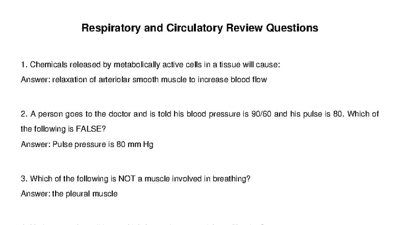 Respiratory & Circulatory Review Questions for Exam Prep - Studocu