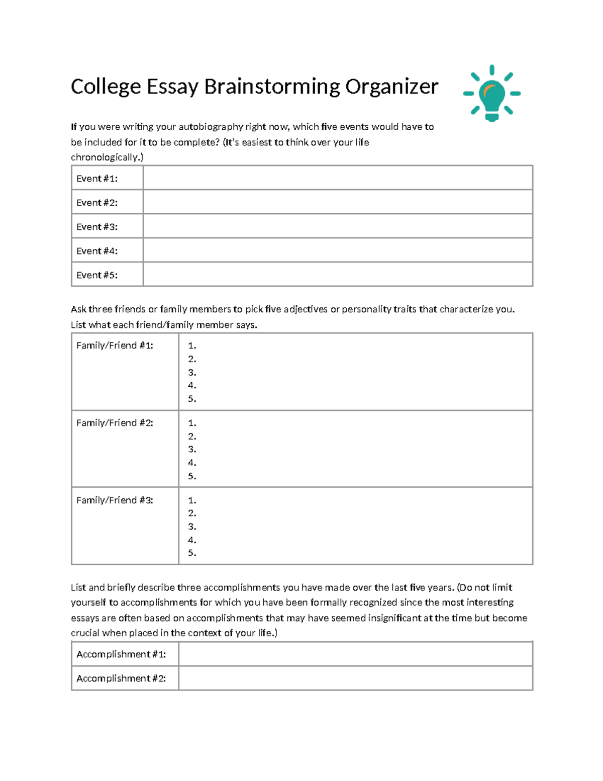 College Essay Brainstorming Organizer - ) Event #1: Event #2: Event #3 ...