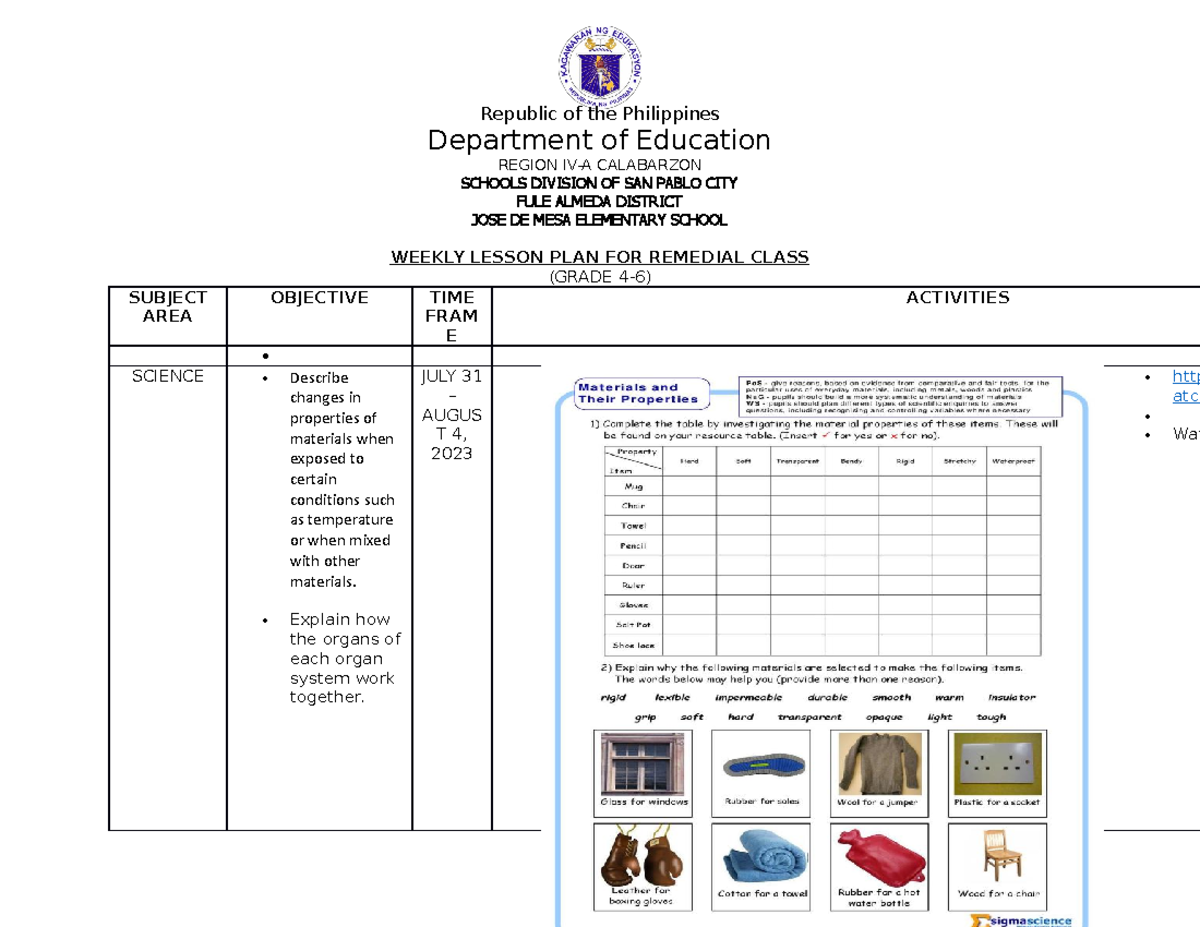 Weekly Lesson Plan for Remedial Class (Grades 4-6) - Studocu