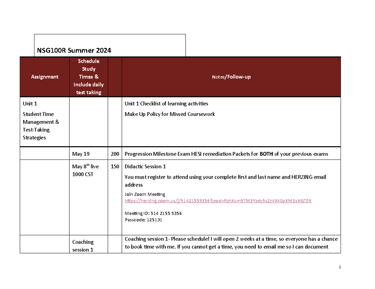 NSG100R example Summer 2024 - NSG100R Summer 2024 Assignment Schedule Study Times & Include ...