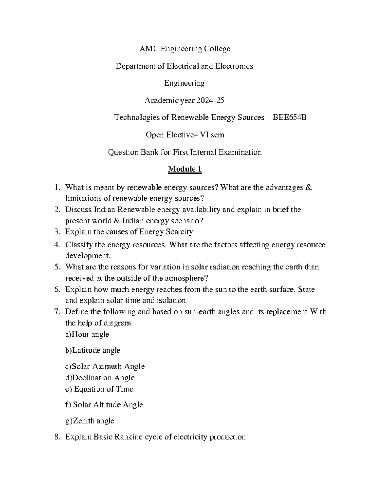 BEE654B Question Bank: Renewable Energy Sources for VI Sem Exam - Studocu
