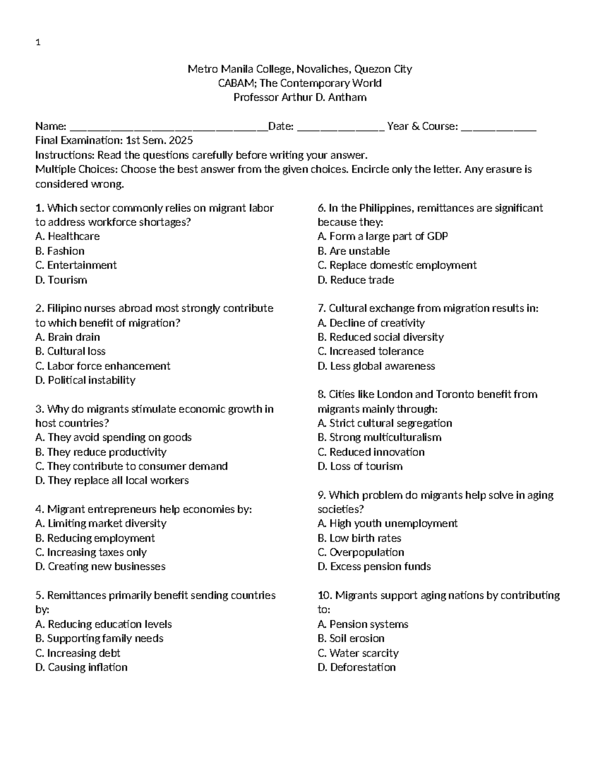 Contemporary World (CW 101) Final Exam Review - 1st Sem 2025 - Studocu