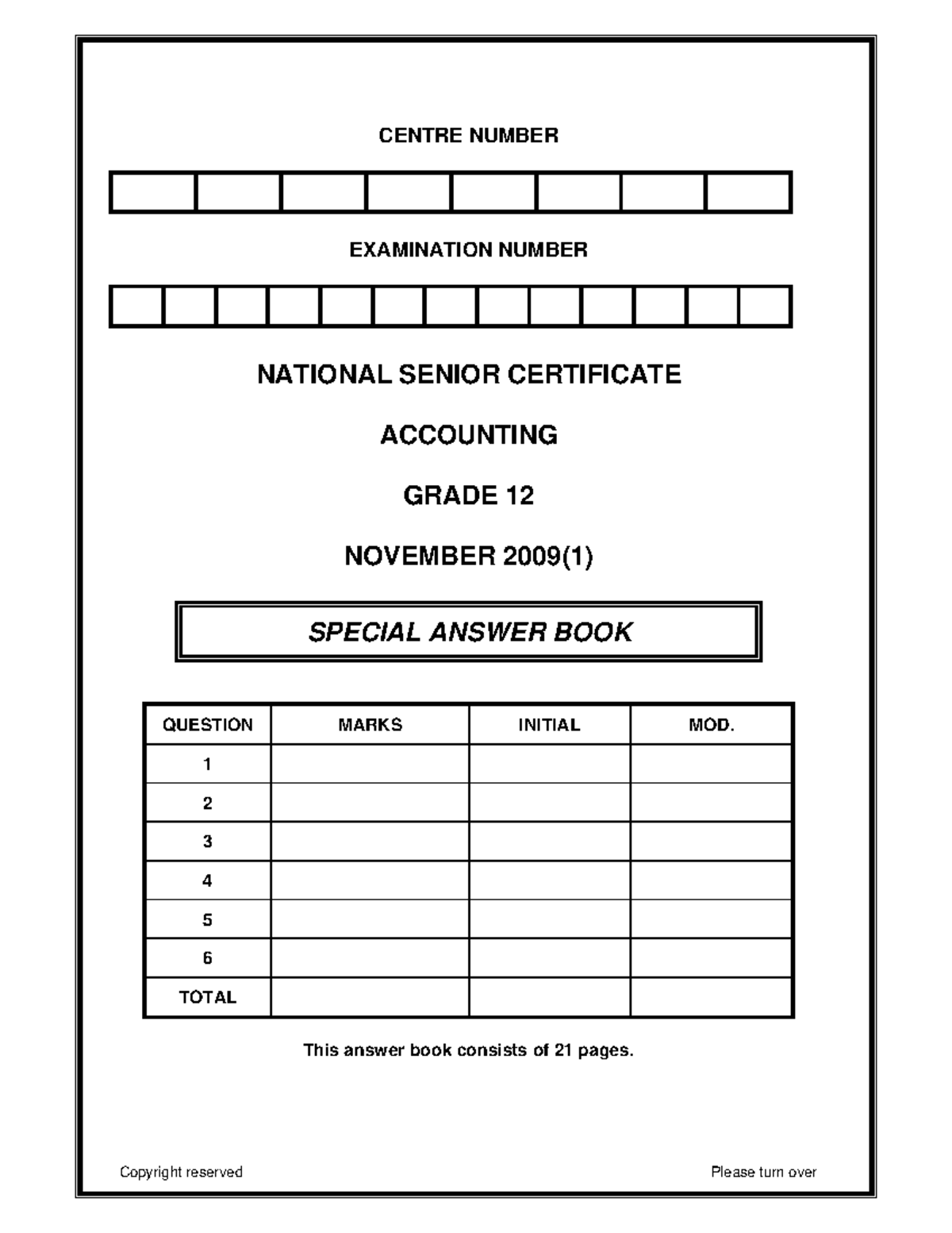 Accounting NSC Grade 12 November 2009 Answer Booklet - Studocu