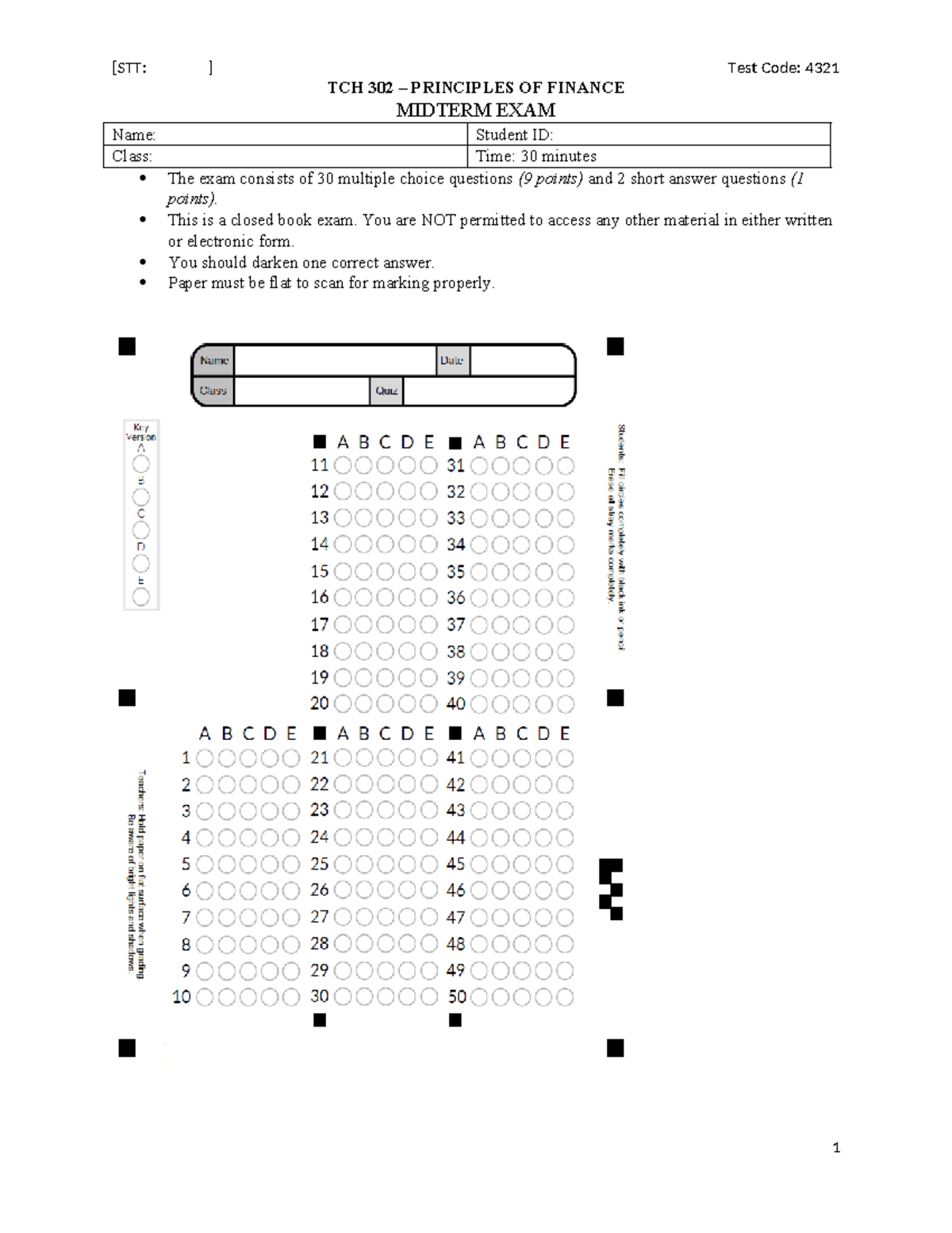 TCH 302 PRINCIPLES OF FINANCE Midterm Exam 2016 - Test Code: 4321 - Studocu