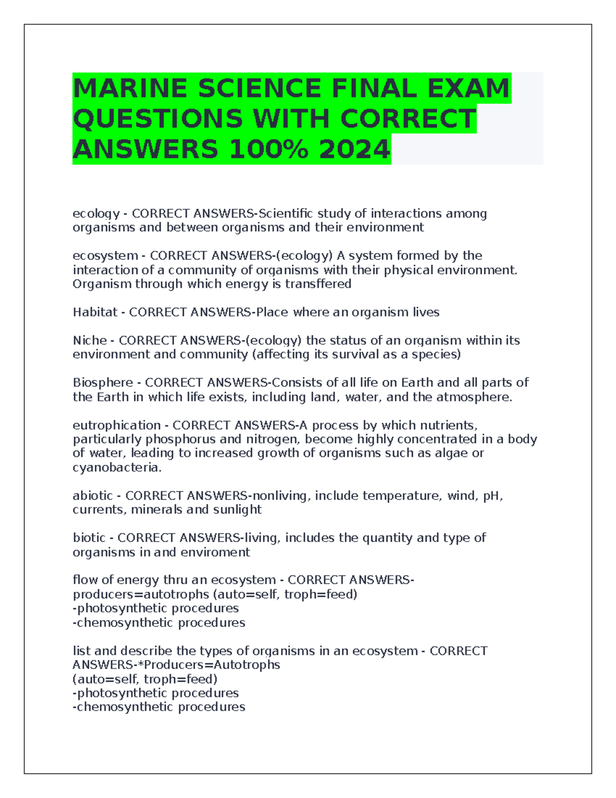 Marine Science 2024 Final Exam Questions & Answers - Studocu
