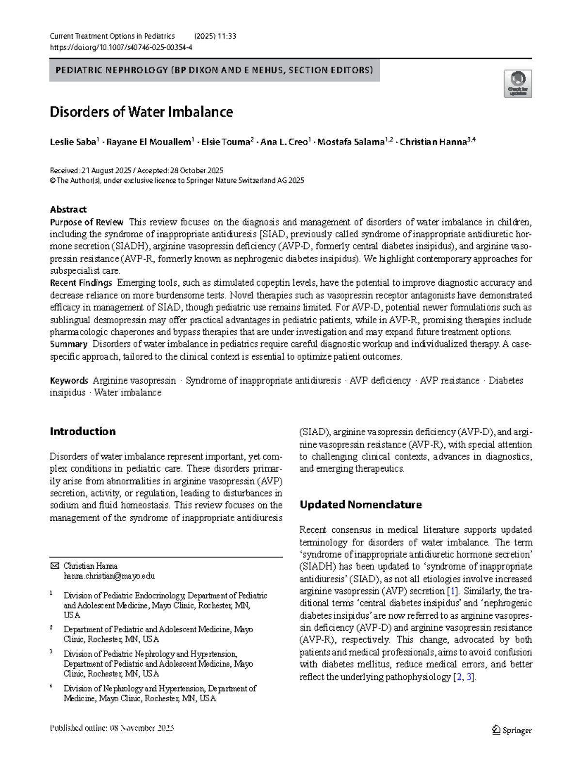Current Treatment Options in Pediatrics (2025): Water Imbalance ...
