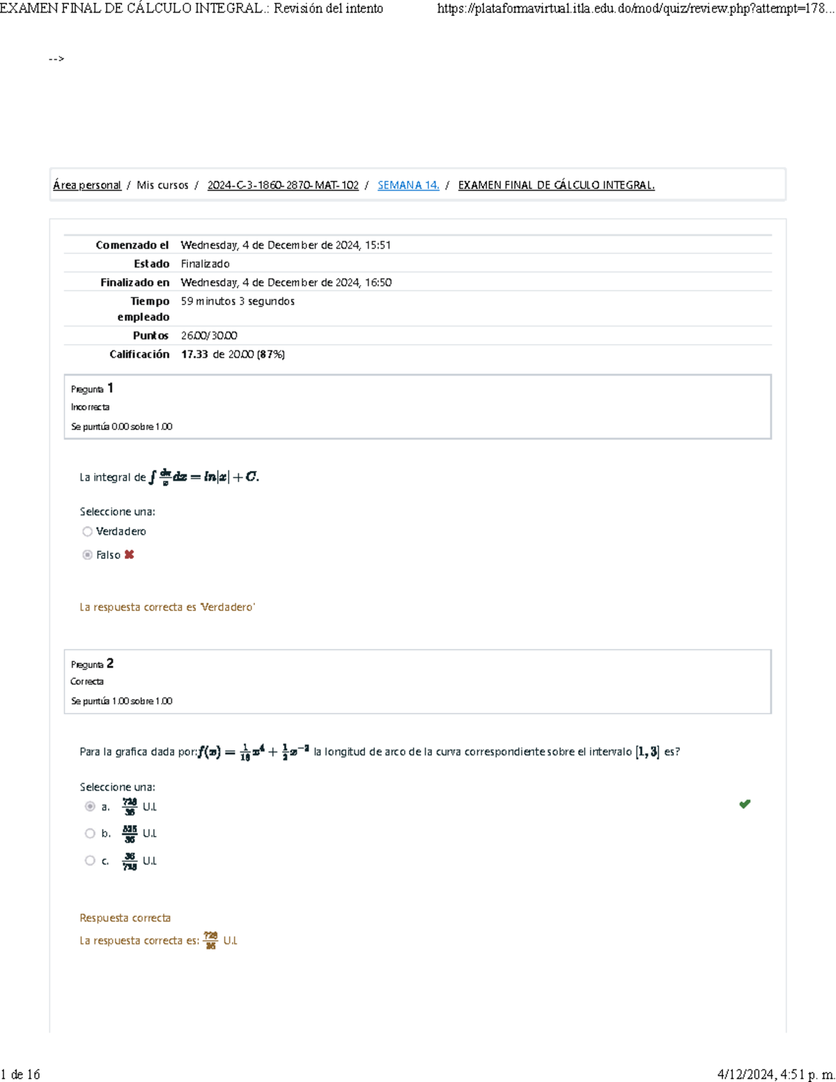 Examen Final de Cálculo Integral C3 - Revisión y Resultados - Studocu