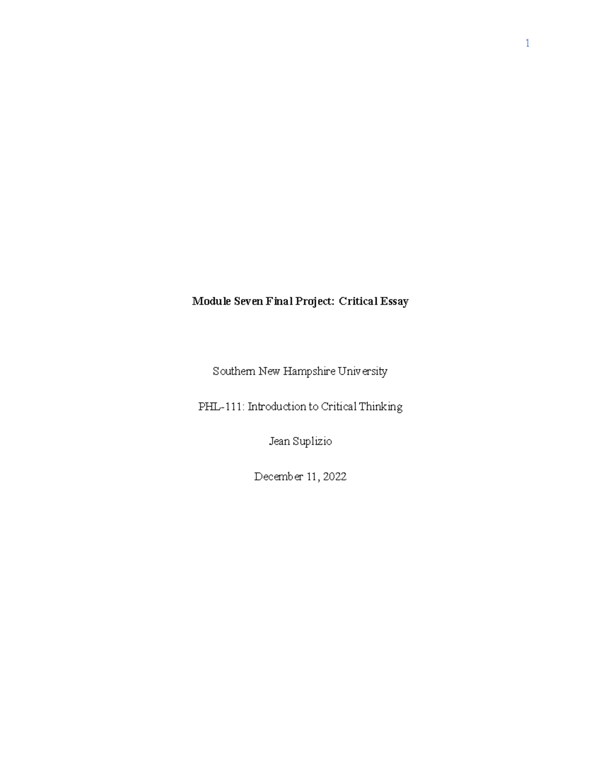 PHL-111 Module Seven Final Project - Critical Essay - Module Seven ...