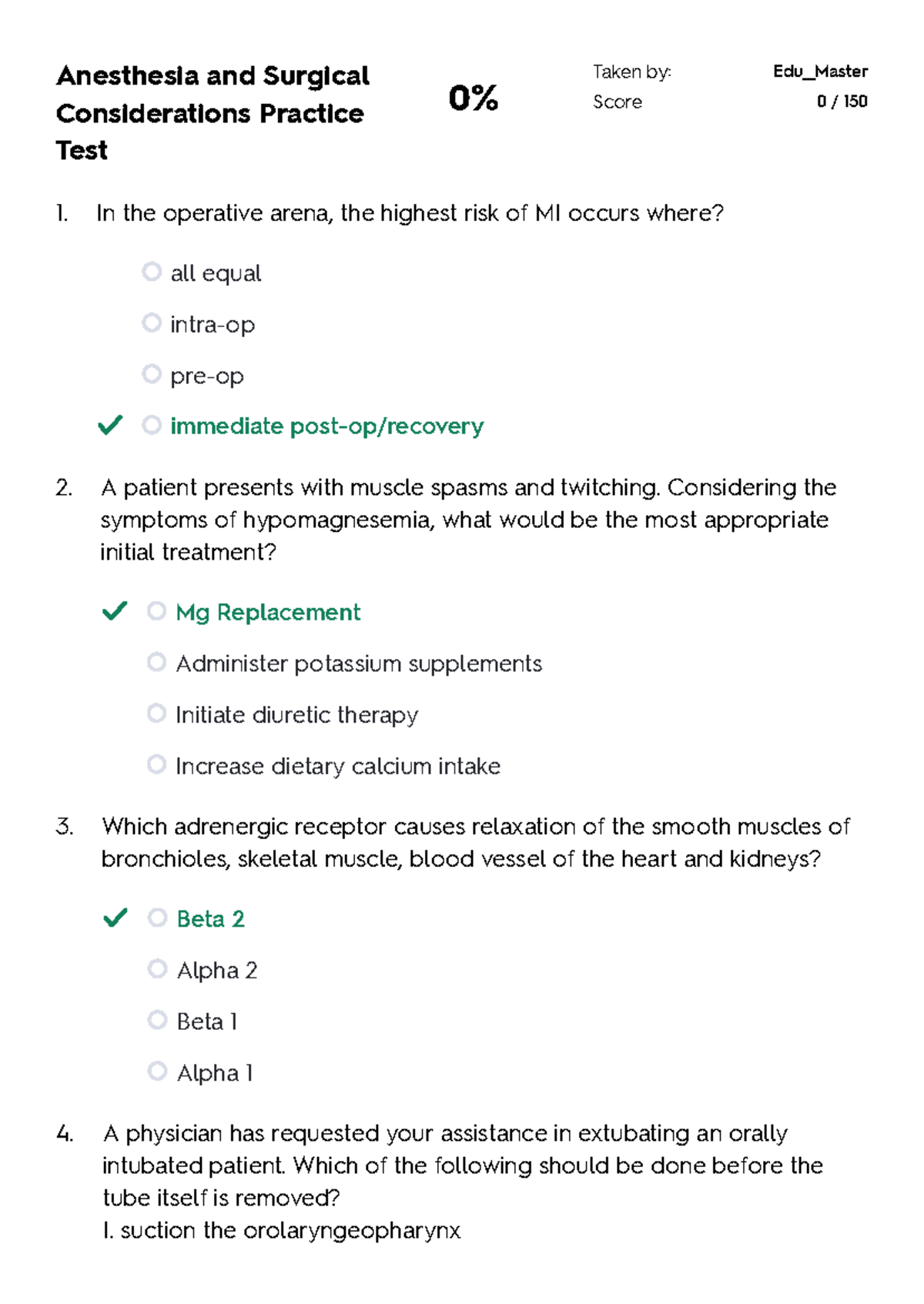 Anesthesia and Surgical Considerations Practice Test 1 - Results ...