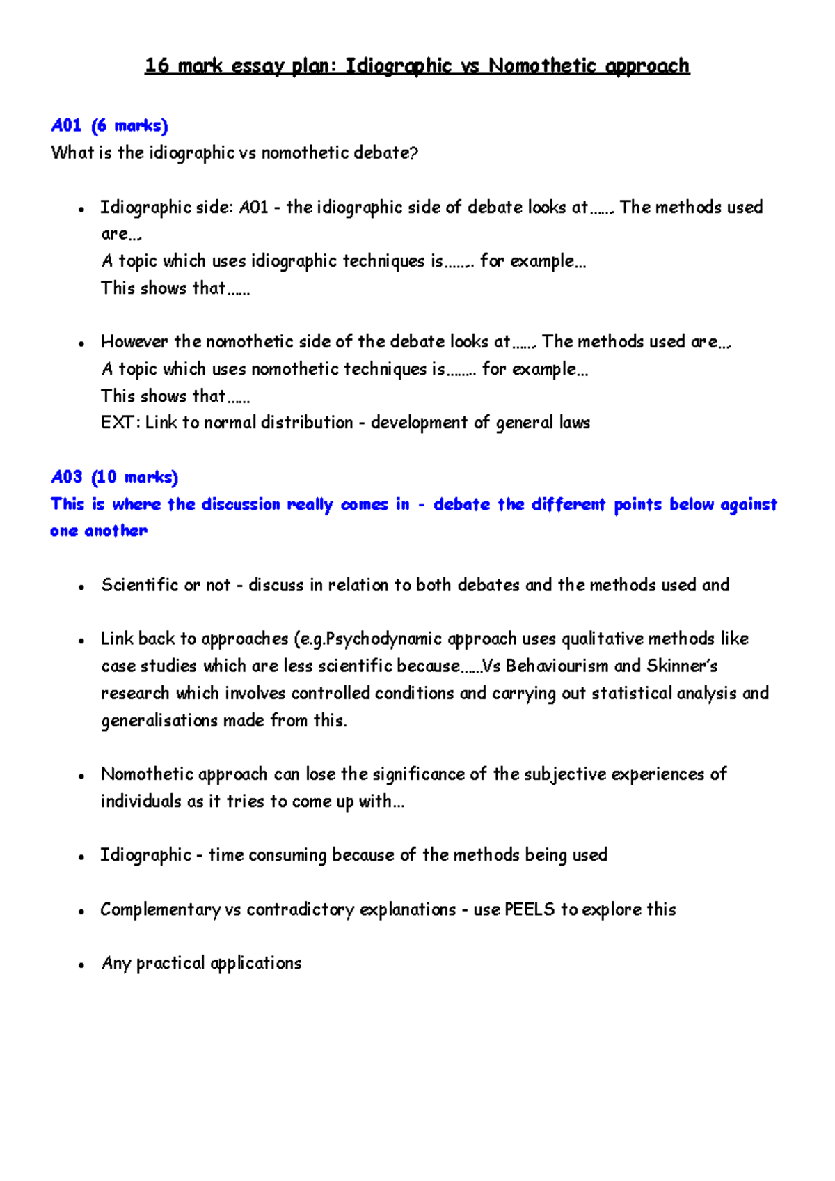 16 Mark Essay Plan: Idiographic vs Nomothetic Approaches in Psychology ...