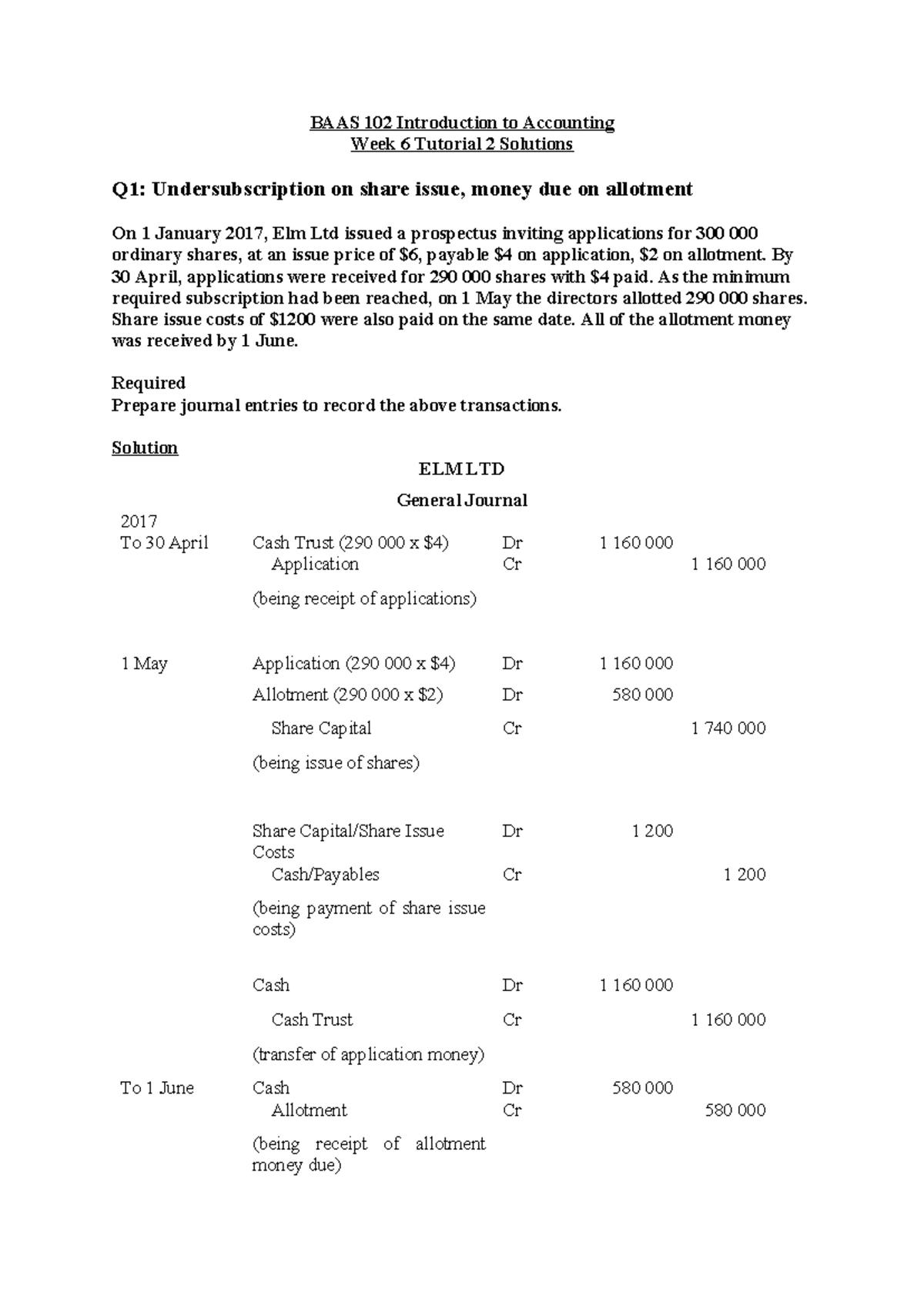 BAAS 102 Week 6 Tutorial 2 Solutions: Accounting Journal Entries - Studocu