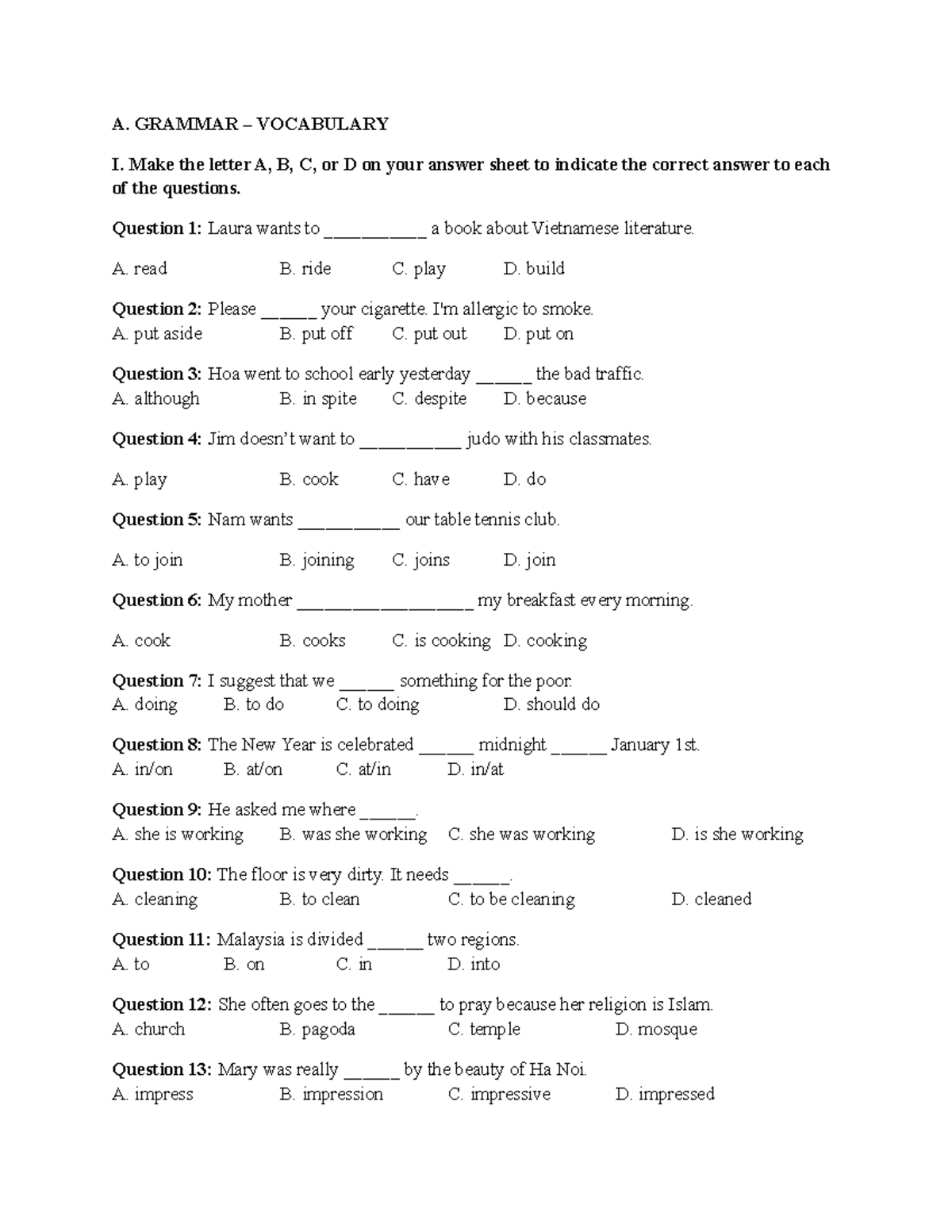 Entrance Test: Grammar Vocabulary I - Student Level Assessment - Studocu