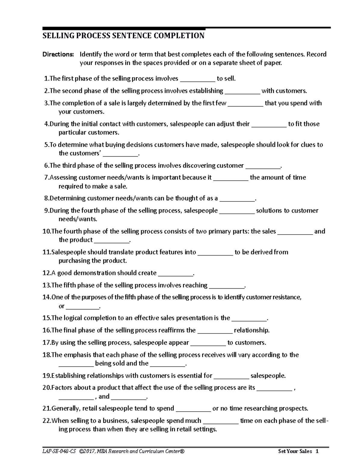 SE48 Individual Activity 1 - SELLING PROCESS SENTENCE COMPLETION ...