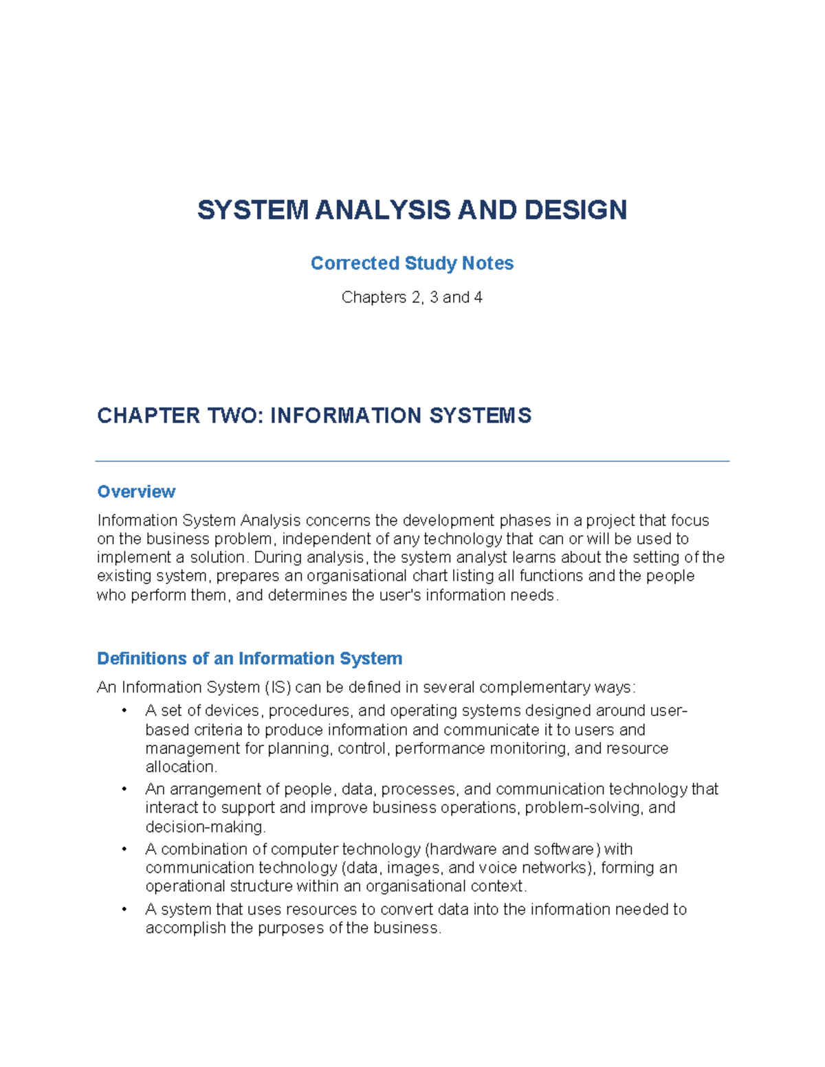 SYSTEM ANALYSIS AND DESIGN Study Notes for Chapters 2, 3, and 4 - Studocu