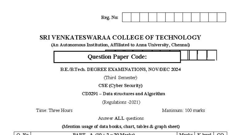 DSA CD3291 Question Paper - Data Structures & Algorithms Exam 2024 ...