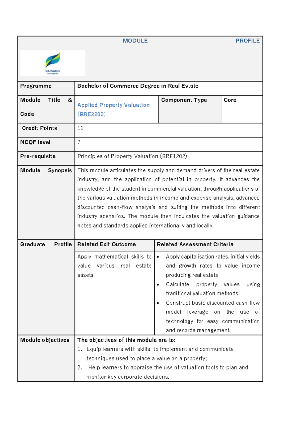 Applied Property Valuation Module Outline (BRE2202) - Studocu