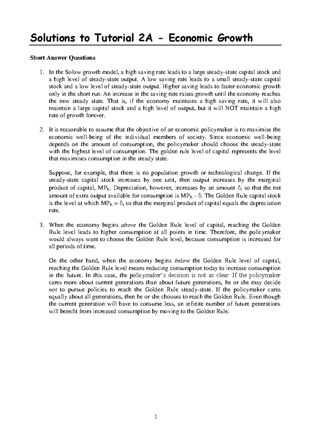 Solutions to Tutorial 2A - Economic Growth Revised - Solutions to ...