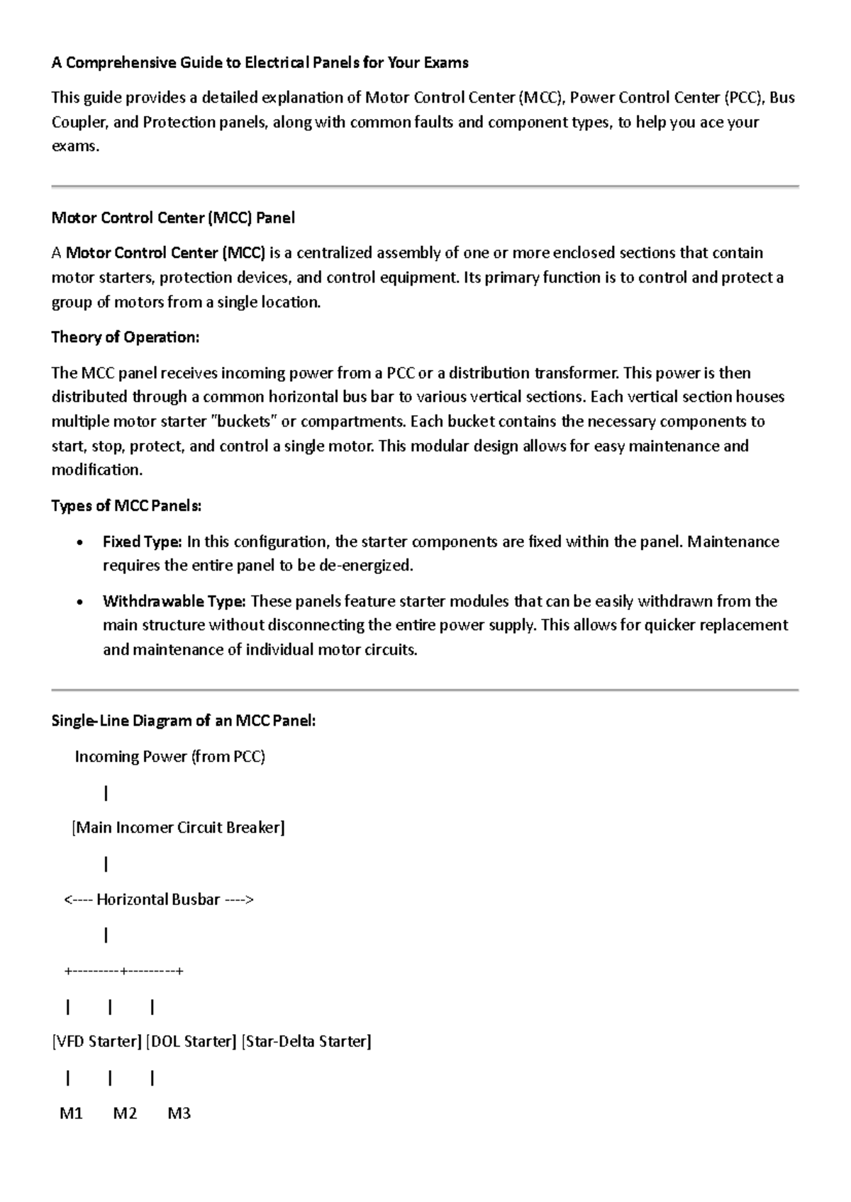 Electrical Panels Overview: MCC, PCC, and Faults - Study Guide - Studocu