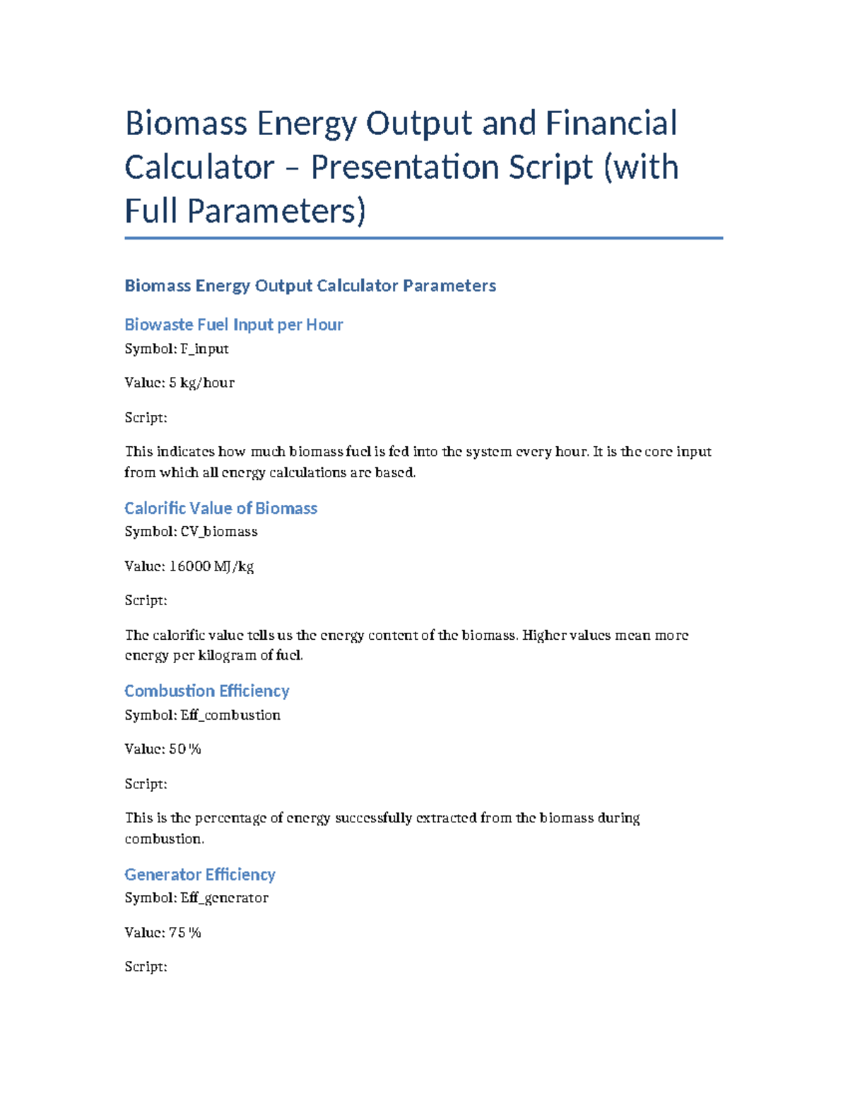 Biomass Energy Output & Financial Calculator Script (Full Params) - Studocu