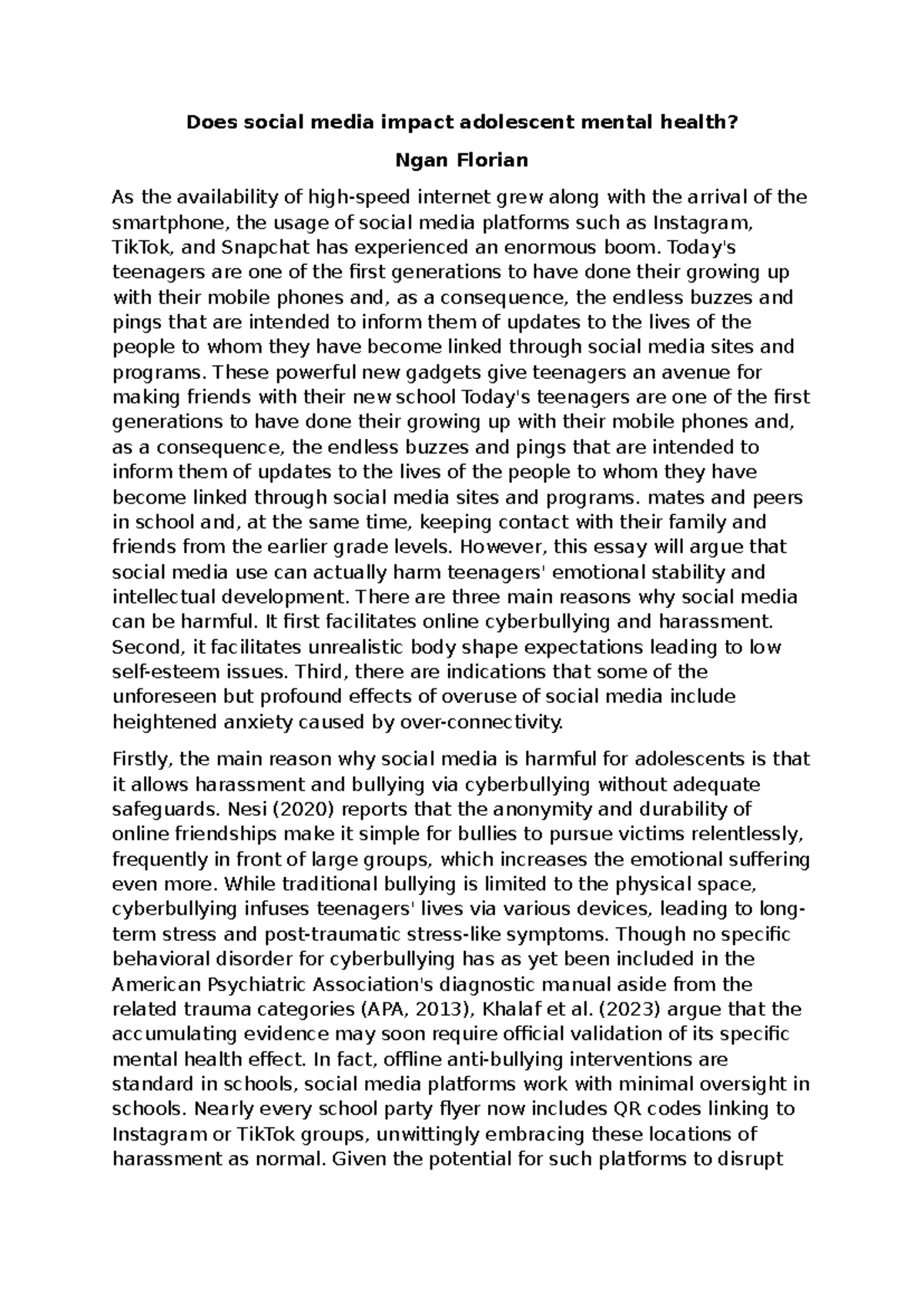 Impact of Social Media on Adolescent Mental Health: Argumentative Essay ...