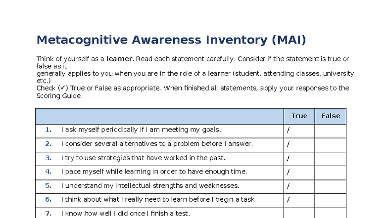 Metacognitive Awareness Inventory (MAI) Self-Assessment Guide - Studocu