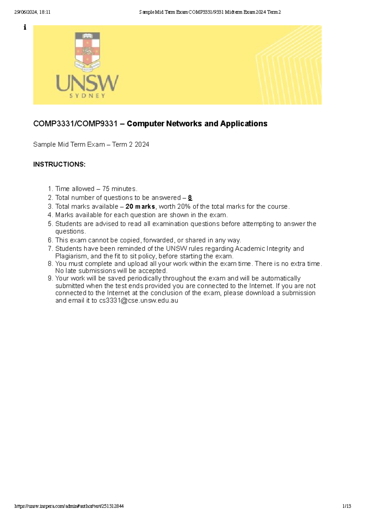 COMP3331 Midterm Sample Exam & Solutions - Term 2 2024 - Studocu