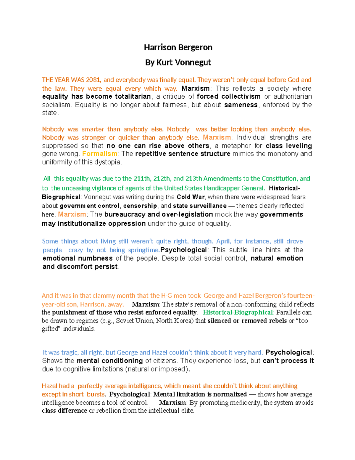 Harrison Bergeron (ENG 101) - Analyzing Equality and Dystopia - Studocu