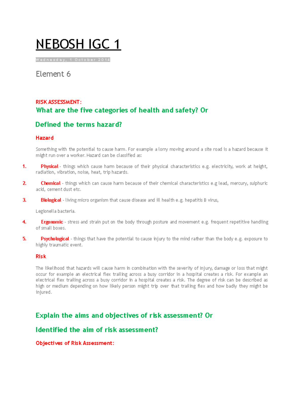 NEBOSH IGC 1: Element 6 - Risk Assessment & Hazard Categories - Studocu