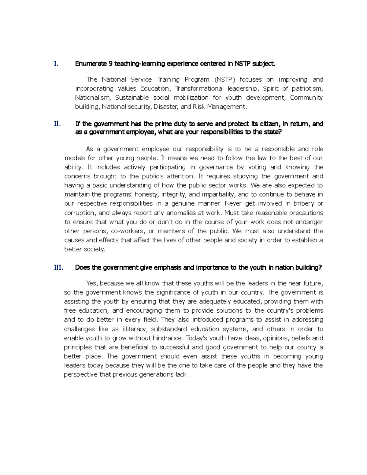 NSTP Learning Activity 1: Youth Roles & Responsibilities in Nation ...