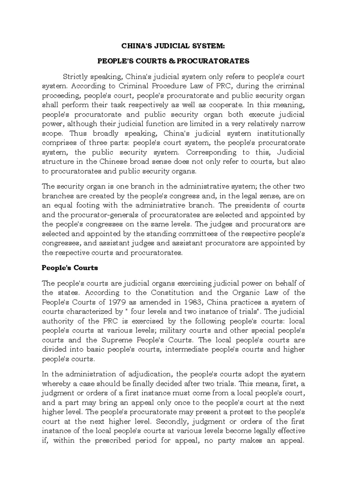 JUDICIAL SYSTEM IN CHINA: COURTS & PROCURATORATES Overview - Studocu