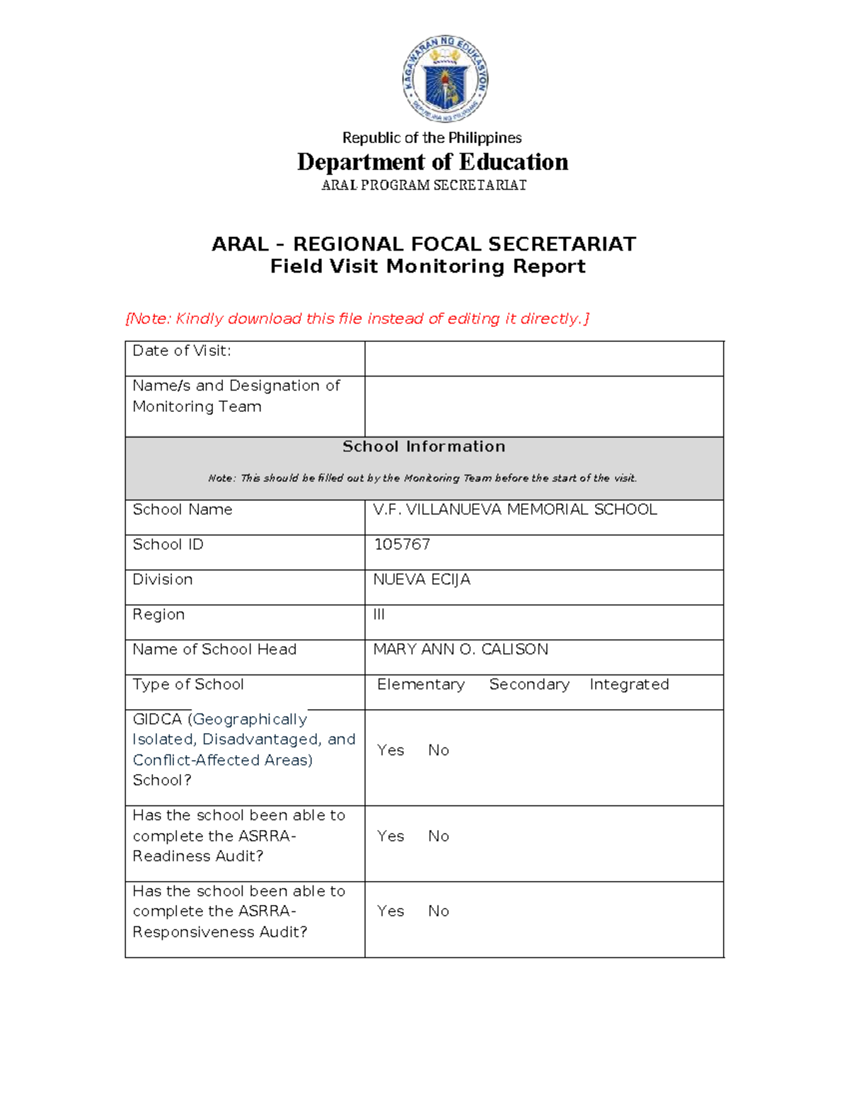ARAL Program Field Visit Monitoring Report - Nueva Ecija - Studocu